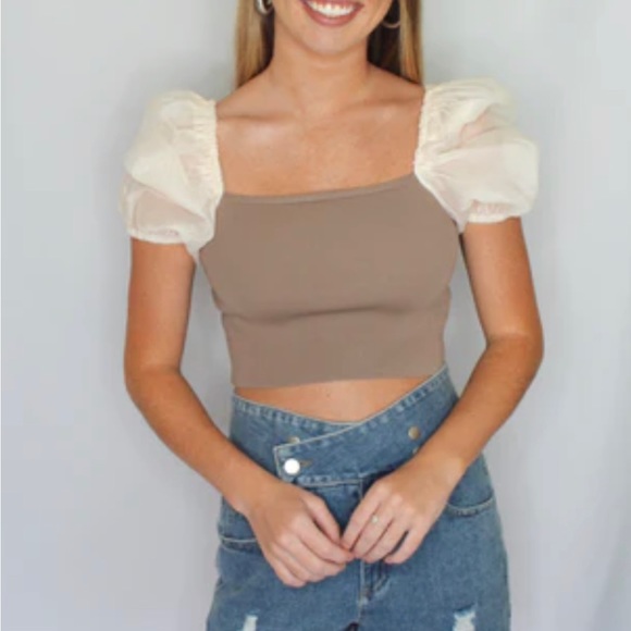 Miou Muse | Tops | Puff Sleeve Mocha Cream Crop Top | Poshmark
